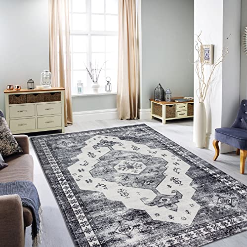 DECOMALL Emily 5x7 Rug, Traditional Persian Rug with Rubber Backing, Washable Area Rug for Living Room Bedroom Dining Room, Grey 5’x7’