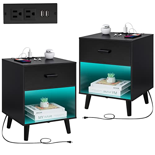 Quimoo Nightstands Set of 2 with Charging Station and LED Lights, End Side Table with 1 Drawer, Modern Nightstand with 1 Open Storage for Bedroom, Black