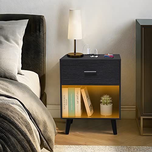 Quimoo Nightstands Set of 2 with Charging Station and LED Lights, End Side Table with 1 Drawer, Modern Nightstand with 1 Open Storage for Bedroom, Black