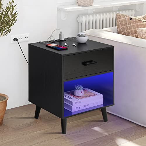 Quimoo Nightstands Set of 2 with Charging Station and LED Lights, End Side Table with 1 Drawer, Modern Nightstand with 1 Open Storage for Bedroom, Black