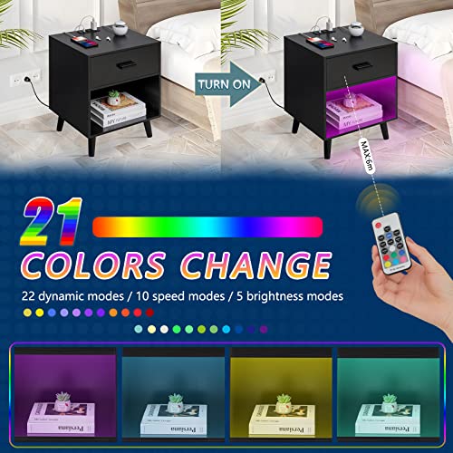 Quimoo Nightstands Set of 2 with Charging Station and LED Lights, End Side Table with 1 Drawer, Modern Nightstand with 1 Open Storage for Bedroom, Black