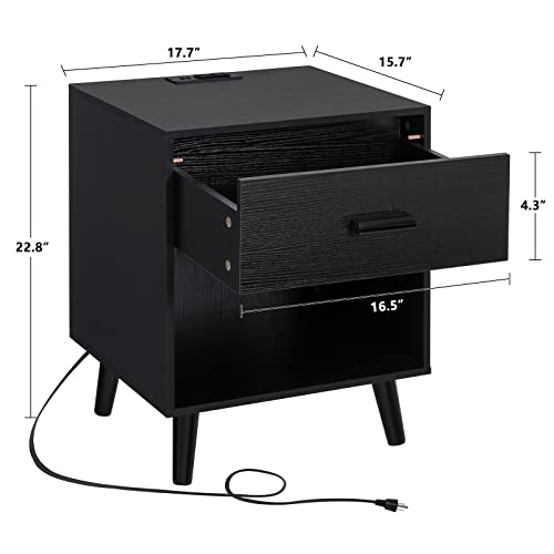 Quimoo Nightstands Set of 2 with Charging Station and LED Lights, End Side Table with 1 Drawer, Modern Nightstand with 1 Open Storage for Bedroom, Black