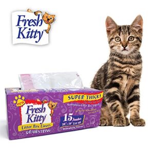 15 count fresh kitty litter box liners super thick, durable, easy clean up jumbo drawstring scented litter pan box liners, bags for pet cats