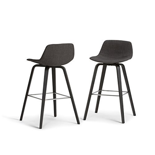 SIMPLIHOME Randolph Mid Century Modern Bentwood Counter Height Stool (Set of 2) in Charcoal Grey, Black Linen Look Fabric