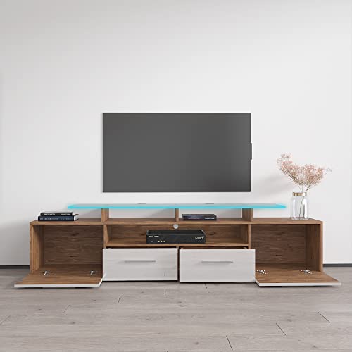 MEBLE FURNITURE & RUGS Evora 76" Wide High Gloss Fronts Matte Body Modern TV Stand (Walnut/White)