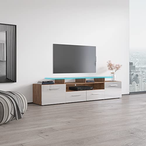 MEBLE FURNITURE & RUGS Evora 76" Wide High Gloss Fronts Matte Body Modern TV Stand (Walnut/White)