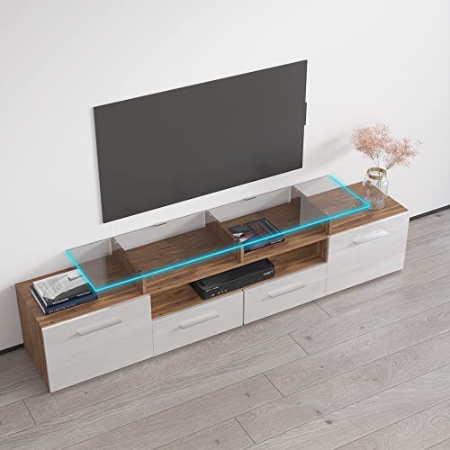 MEBLE FURNITURE & RUGS Evora 76" Wide High Gloss Fronts Matte Body Modern TV Stand (Walnut/White)