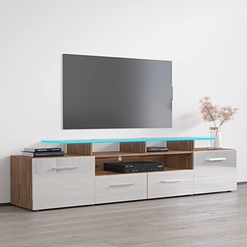 MEBLE FURNITURE & RUGS Evora 76" Wide High Gloss Fronts Matte Body Modern TV Stand (Walnut/White)