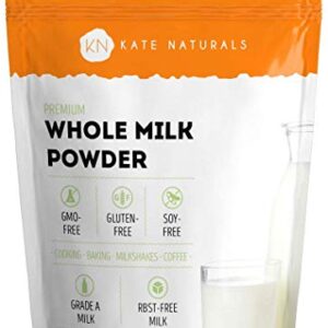 Dry Whole Milk Powder for Baking and Coffee (12oz) - Kate Naturals. Dried Powdered Milk for Adults. RBST-Free. Substitute For Liquid Milk. Milk Whole Powder for Milkshakes. Made In USA.