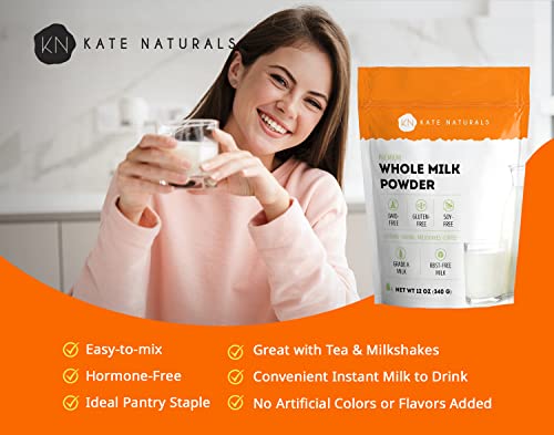 Dry Whole Milk Powder for Baking and Coffee (12oz) - Kate Naturals. Dried Powdered Milk for Adults. RBST-Free. Substitute For Liquid Milk. Milk Whole Powder for Milkshakes. Made In USA.