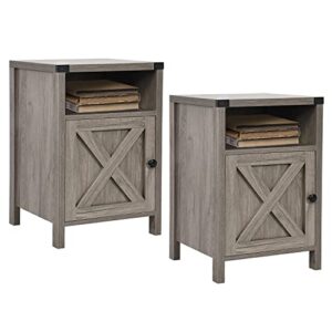 farmhouse nightstand, side table, set of 2 end table with barn door and shelf, modern bed side table end table, rustic nightstands set for bedroom, living room, set of 2, grey wash