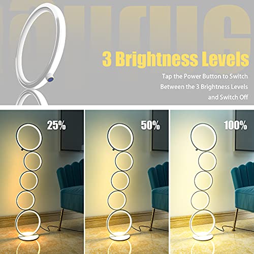 JIRTH LED Floor Lamp for Living Room 3 Brightness Levels Dimmable Touch Switch Modern Ring Tall Standing Lamp 42 Inches Art Deco Floor Light for Bedroom Home Office(White)