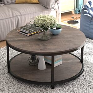 nsdirect 36 inch round coffee table,coffee table for living room,2-tier rustic wood desktop & sturdy metal legs table modern design home furniture with storage shelf (light walnut)