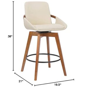 Armen Living Baylor Swivel Wood Bar or Counter Height Stool in Faux Leather, Cream/Walnut, 26" Counter Height