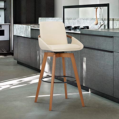 Armen Living Baylor Swivel Wood Bar or Counter Height Stool in Faux Leather, Cream/Walnut, 26" Counter Height