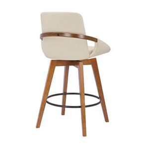 Armen Living Baylor Swivel Wood Bar or Counter Height Stool in Faux Leather, Cream/Walnut, 26" Counter Height