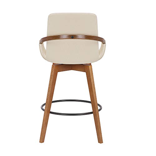 Armen Living Baylor Swivel Wood Bar or Counter Height Stool in Faux Leather, Cream/Walnut, 26" Counter Height