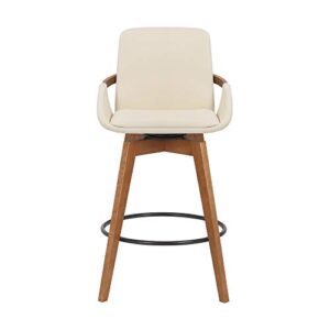 Armen Living Baylor Swivel Wood Bar or Counter Height Stool in Faux Leather, Cream/Walnut, 26" Counter Height