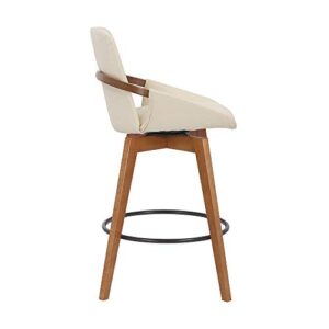 Armen Living Baylor Swivel Wood Bar or Counter Height Stool in Faux Leather, Cream/Walnut, 26" Counter Height