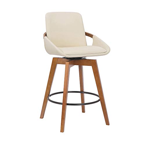 Armen Living Baylor Swivel Wood Bar or Counter Height Stool in Faux Leather, Cream/Walnut, 26" Counter Height