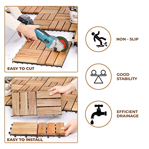 A9 FURNI 12-Slat Acacia Wood Teak Color Waterproof Outdoor & Indoor Flooring Interlocking Deck Tiles (10pcs,12''x12'') - Great Balcony Wooden Garden Decking Tile & Perfect Patio Paver Kits