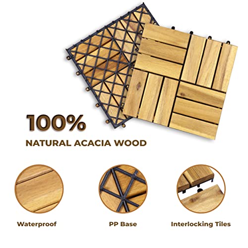 A9 FURNI 12-Slat Acacia Wood Teak Color Waterproof Outdoor & Indoor Flooring Interlocking Deck Tiles (10pcs,12''x12'') - Great Balcony Wooden Garden Decking Tile & Perfect Patio Paver Kits