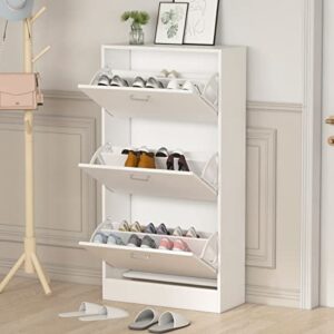 AGOTENI Shoe Cabinet with 3 Flip Drawers, Shoe Storage Organizer with 2-Tier Shelf, Freestanding Shoe Rack for Entryway Hallway, Living Room, White