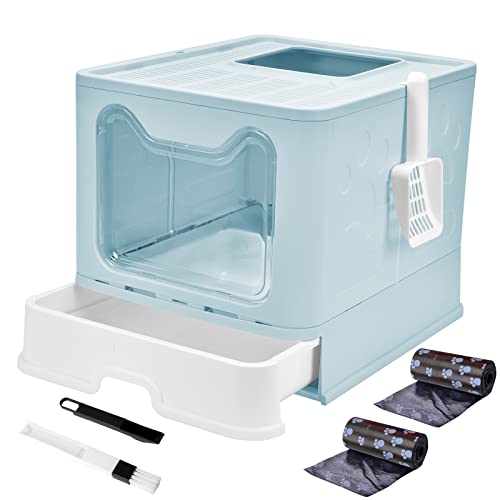 Panghuhu88 Foldable Cat Litter Box with Lid, Large Top Entry Cat Toilet, Enclosed Cat Potty Include Cat Litter Scoop, Drawer Type Easy Clean Cat Litter Pan (Blue, 20" L x 16" W x 15" H)