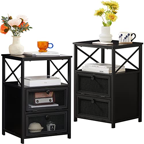 VECELO Modern Night Stand, End Side Table with Storage Space and Door, Nightstands with Flip Drawers for Living Room,Bedroom,Lounge,Set of 2, Black