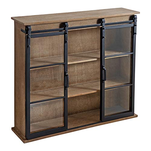 Kate and Laurel Barnhardt Decorative Wooden Wall Cabinet with Two Sliding Glass Doors, 30" x 28", Rustic Brown, Barndoor Modern Farmhouse Storage