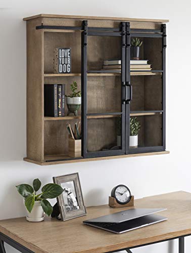 Kate and Laurel Barnhardt Decorative Wooden Wall Cabinet with Two Sliding Glass Doors, 30" x 28", Rustic Brown, Barndoor Modern Farmhouse Storage