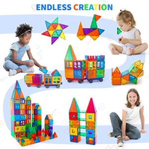 Gentle Monster Magnetic Tiles Building Blocks, 104PCS Magnet Blocks 3D Construction Toys for Kids Toddlers, Educational STEM Toys for Boys and Girls with 2 Cars