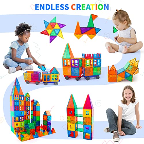 Gentle Monster Magnetic Tiles Building Blocks, 104PCS Magnet Blocks 3D Construction Toys for Kids Toddlers, Educational STEM Toys for Boys and Girls with 2 Cars