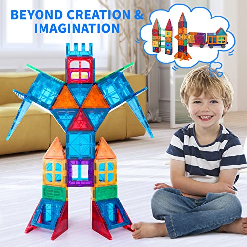 Gentle Monster Magnetic Tiles Building Blocks, 104PCS Magnet Blocks 3D Construction Toys for Kids Toddlers, Educational STEM Toys for Boys and Girls with 2 Cars