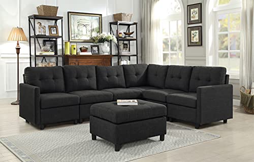 Moxeay Convertible Sectional Sofa with Ottoman Modular Sectional Sofa L Shaped Couch 6 Seater Sectional Couches for Living Room Apartment, Dark Grey