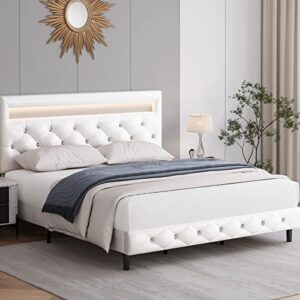 modern upholstered platform bed frame with led headboard, faux leather low profile platform bed frame, strong wood slat support, adjustable upholstered headboard, easy assembly, white, queen size