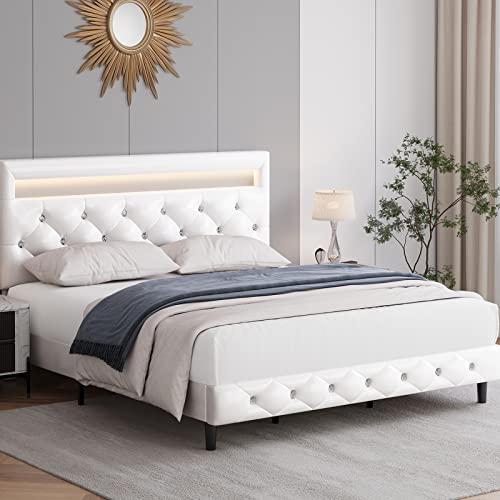 Modern Upholstered Platform Bed Frame with LED Headboard, Faux Leather Low Profile Platform Bed Frame, Strong Wood Slat Support, Adjustable Upholstered Headboard, Easy Assembly, White, Queen Size