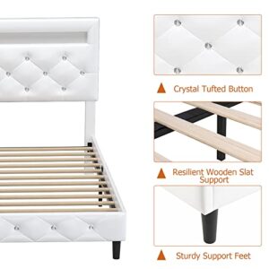 Modern Upholstered Platform Bed Frame with LED Headboard, Faux Leather Low Profile Platform Bed Frame, Strong Wood Slat Support, Adjustable Upholstered Headboard, Easy Assembly, White, Queen Size