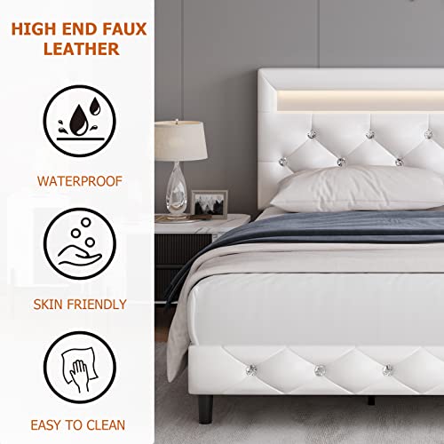 Modern Upholstered Platform Bed Frame with LED Headboard, Faux Leather Low Profile Platform Bed Frame, Strong Wood Slat Support, Adjustable Upholstered Headboard, Easy Assembly, White, Queen Size