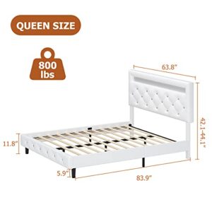 Modern Upholstered Platform Bed Frame with LED Headboard, Faux Leather Low Profile Platform Bed Frame, Strong Wood Slat Support, Adjustable Upholstered Headboard, Easy Assembly, White, Queen Size