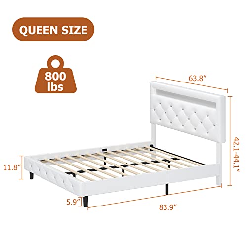 Modern Upholstered Platform Bed Frame with LED Headboard, Faux Leather Low Profile Platform Bed Frame, Strong Wood Slat Support, Adjustable Upholstered Headboard, Easy Assembly, White, Queen Size