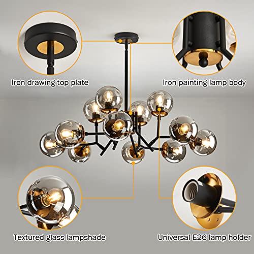 UOFUS 12-Light Glass Globe Sputnik Chandelier Mid-Century Modern Matte Black and Gold Ceiling Light Fixture Vintage Hanging Pendant Light for Bedroom Living Room Kitchen Farmhouse Dining Room