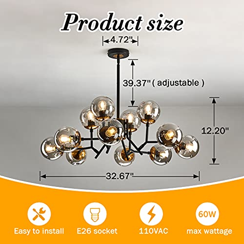 UOFUS 12-Light Glass Globe Sputnik Chandelier Mid-Century Modern Matte Black and Gold Ceiling Light Fixture Vintage Hanging Pendant Light for Bedroom Living Room Kitchen Farmhouse Dining Room