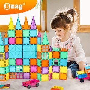 Bmag Magnetic Tiles, 120 PCS Magnetic Building Blocks, 3D Magnet Tiles for Kids Boys Girls, STEM Construction Building Set, Stacking Toys with 2 Car