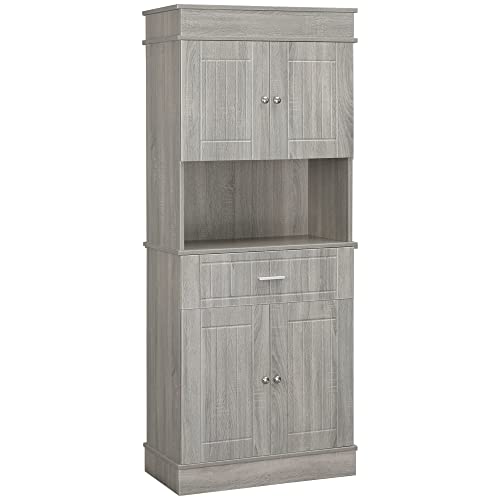 HOMCOM 72" Kitchen Buffet with Hutch, Freestanding Pantry Cupboard with Utility Drawer, 2 Door Cabinets and Countertop, Grey Wood Grain