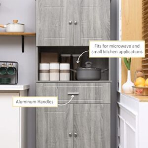 HOMCOM 72" Kitchen Buffet with Hutch, Freestanding Pantry Cupboard with Utility Drawer, 2 Door Cabinets and Countertop, Grey Wood Grain