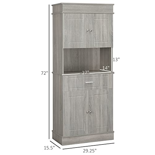 HOMCOM 72" Kitchen Buffet with Hutch, Freestanding Pantry Cupboard with Utility Drawer, 2 Door Cabinets and Countertop, Grey Wood Grain