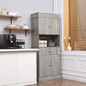 HOMCOM 72" Kitchen Buffet with Hutch, Freestanding Pantry Cupboard with Utility Drawer, 2 Door Cabinets and Countertop, Grey Wood Grain