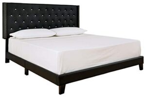 signature design by ashley vintasso glam button-tufted faux leather platform bed with rhinestones, queen, black