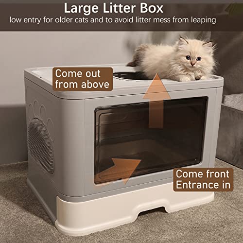 PandaFairy Foldable Cat Litter Box,Extra Large top Entry with lids,Easy to Clean Litter Plant,Smell Proof Anti-Splashing,XL Closed Litter Box(Gray)